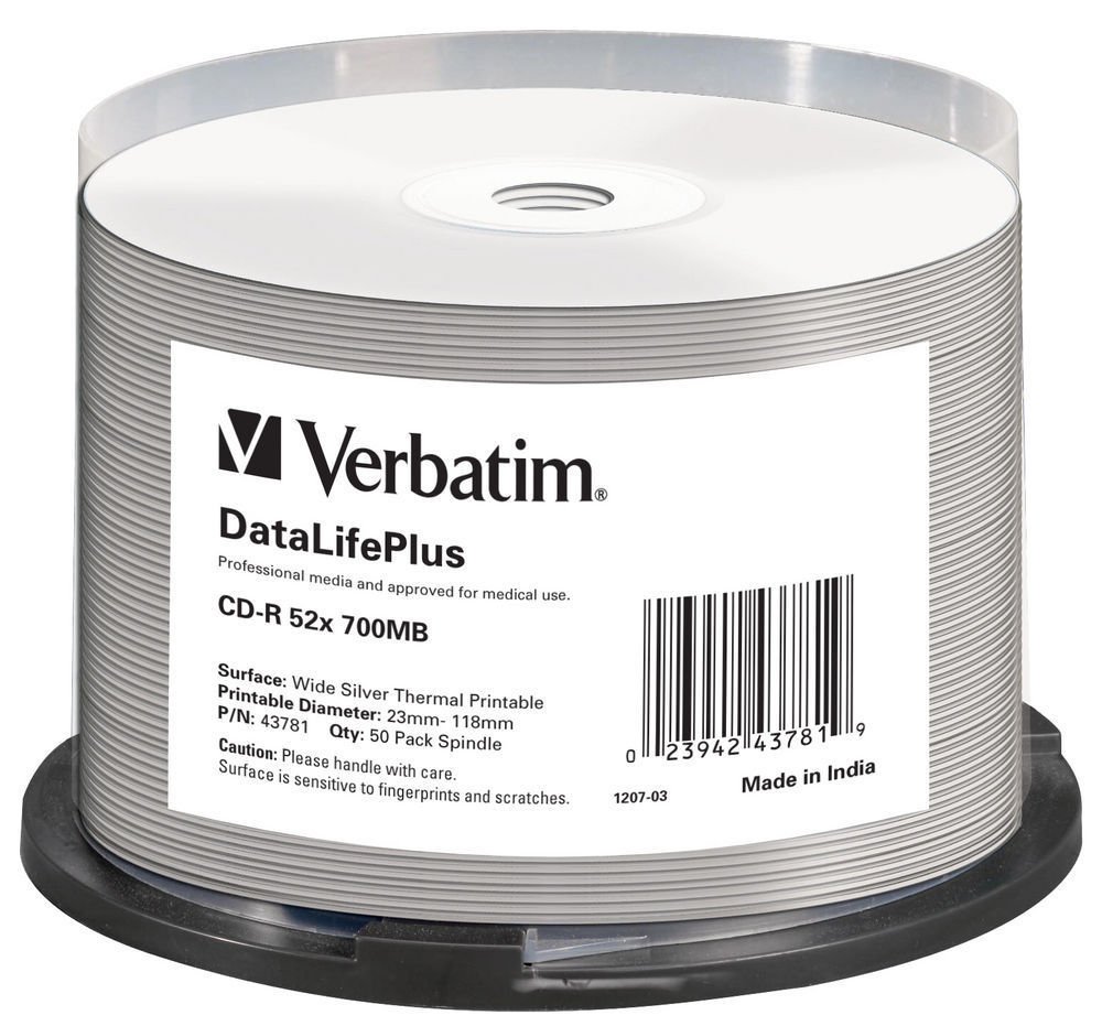 Verbatim 43781 CD-R 52x DataLifePlus Wide Thermal Printable CD-R Spindle - Silver