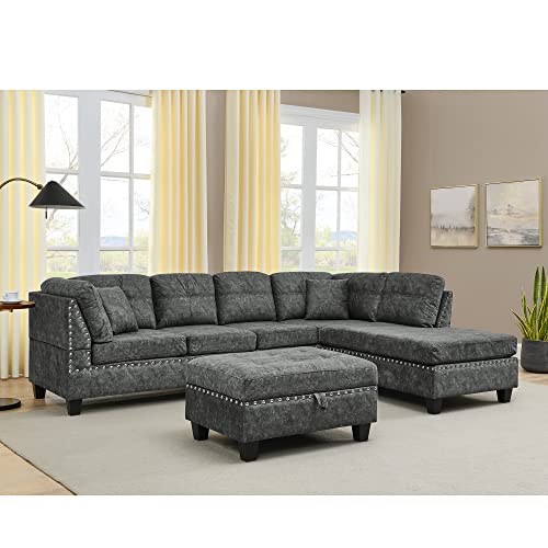 Evedy Modern Sectional, Living Room Furniture Sets,L-Shaped Storage Ottoman,Couch with Nail-Head Trim,3-Seaters Sofa with Extra Wide Reversible Chaise and 2 Small Pillows, Grey Fabric