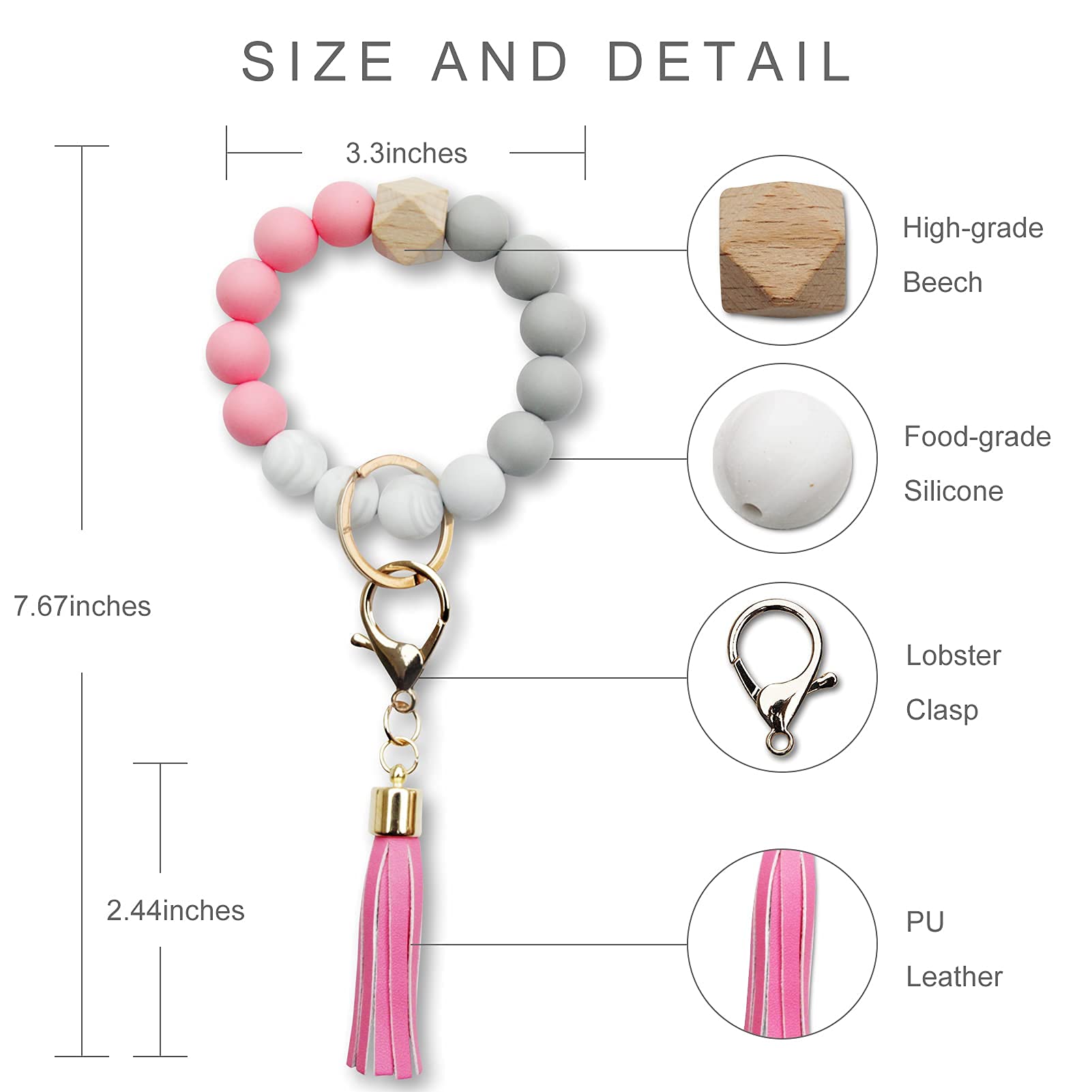 ATLTEROZ Beaded Bracelet Keychain, Silicone Bangle Keyring Wristlet Keychain Bracelet with Tassel for Women (pink)
