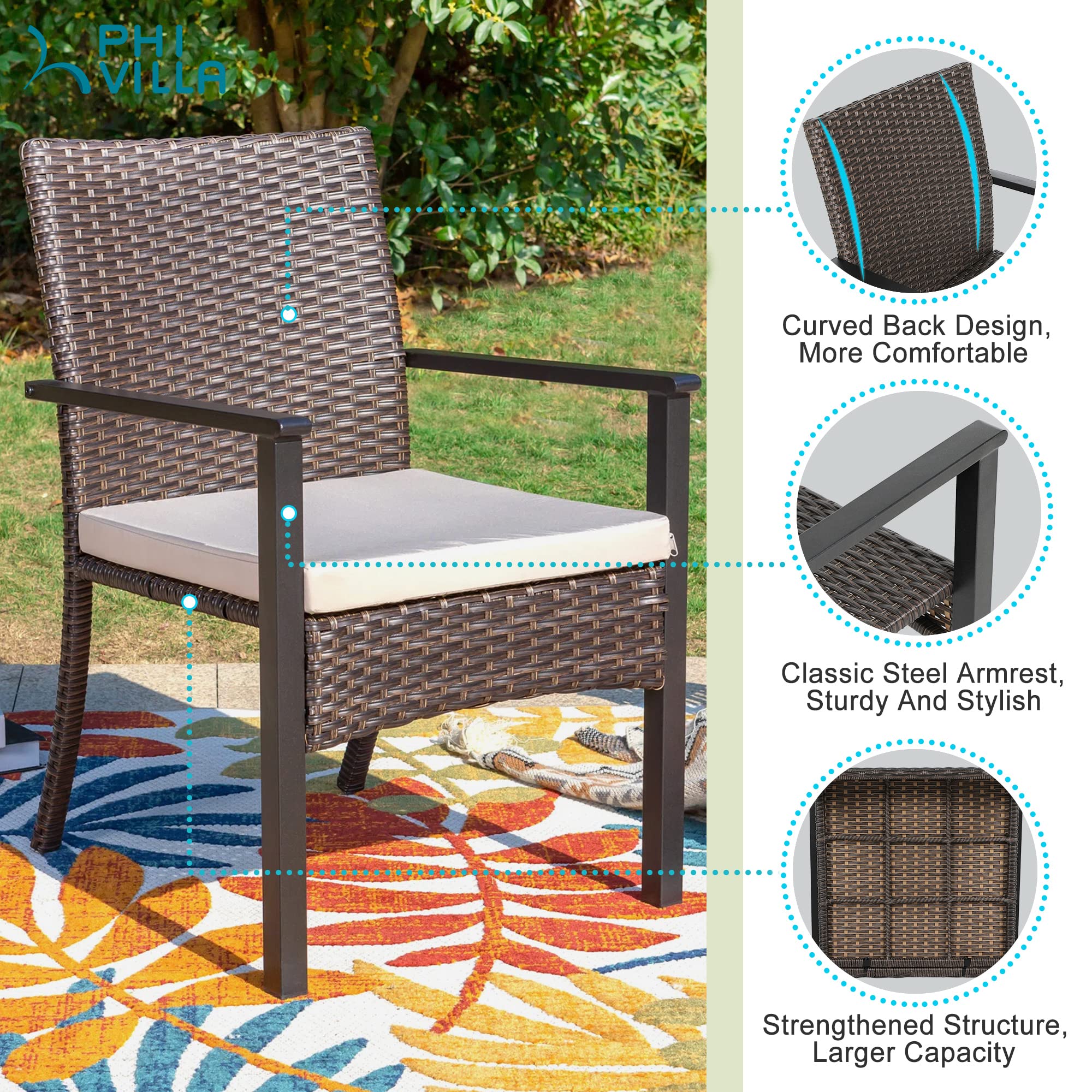 PHI VILLA 7 Piece Outdoor Dining Set for 6, 1 Acacia Wood Table & 6 Cushioned Wicker Chairs, Outdoor Dining Furniture Set for Patio,Deck, Yard, Porch