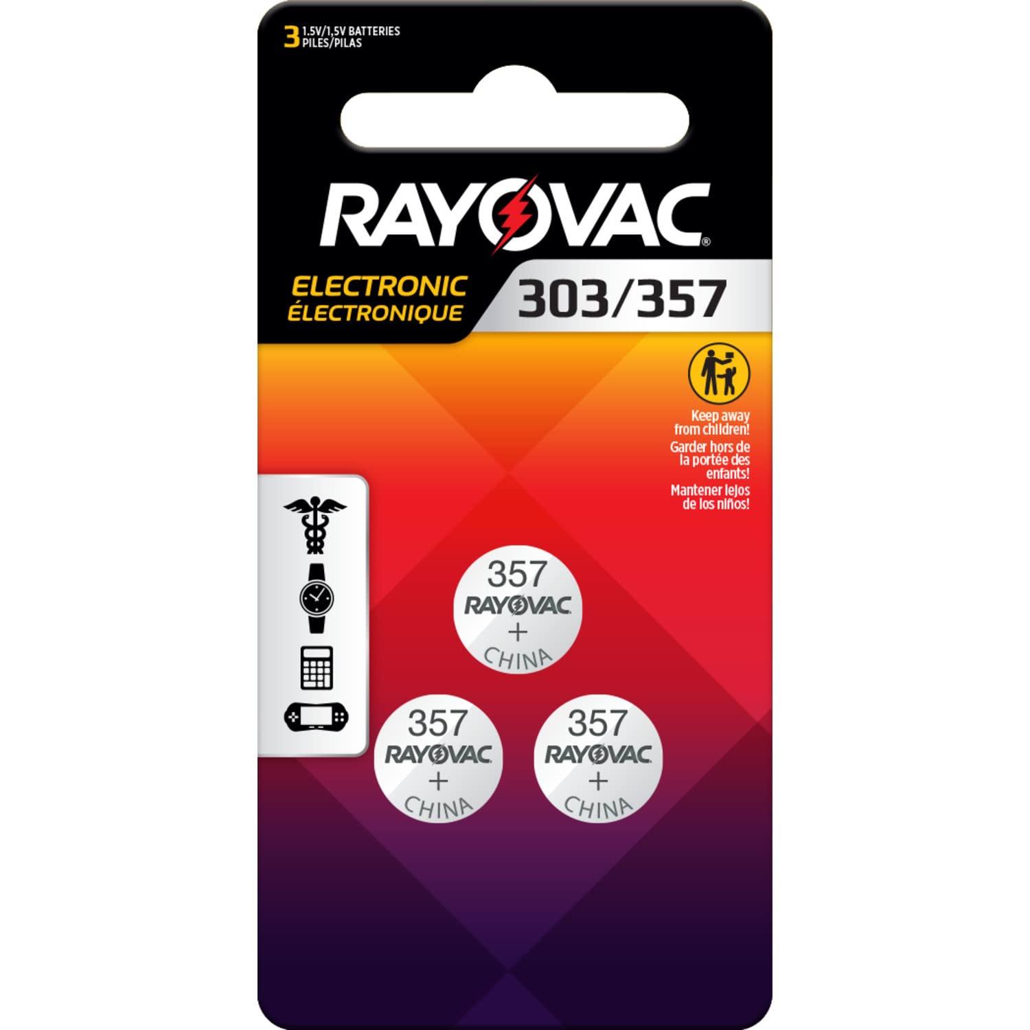 Rayovac LR44 Battery, Silver Oxide 303, 357, AG13, or SR44 1.5 Volt Batteries (3 Battery Count)