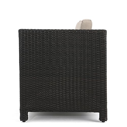 Christopher Knight Home Puerta Outdoor Wicker Loveseat with Cushions, Dark Brown / Beige Cushions