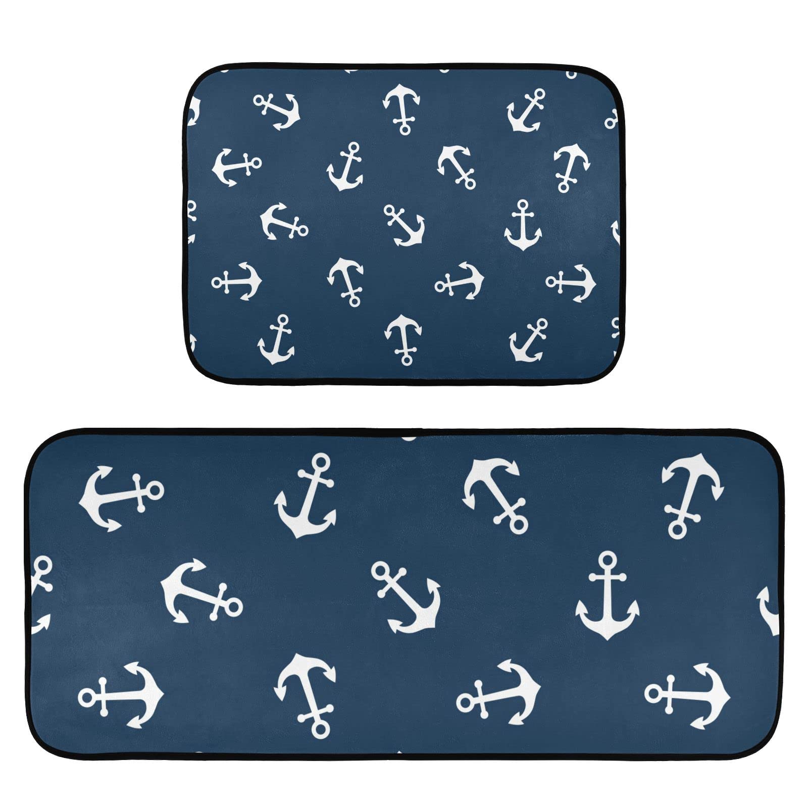BOENLE Kitchen Rugs and Mats Non Skid Washable Kitchen Rug Set 2 Piece Blue Anchor Carpet Ergonomic Comfort Standing Mat for Kitchen,Bathroom, Laundry