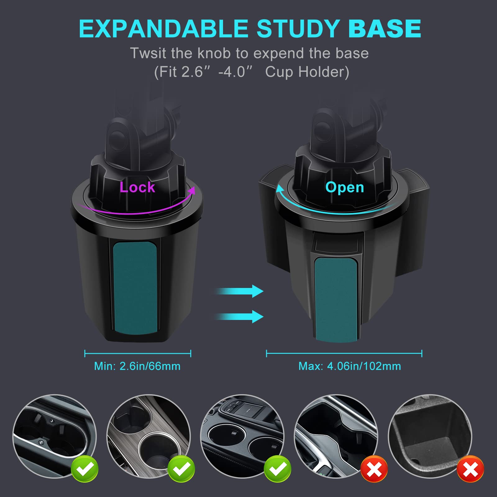 Car Cup Holder Tablet Mount Holder, 360° Adjustable Long 2-Arm Stand for iPad Pro 12.9/11/10.5/9.7/Air/Mini 6/5/4, Samsung Galaxy Tab/Z Fold 4/3, Amazon Fire HD, iPhone 14/Pro, 4.7-12.9" Tab & Phone