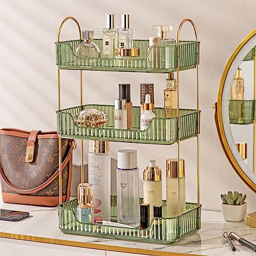 Dingfeng Makeup Organizer for Vanity, Transparent Storage Tray for Vanity Skin Care Products. Large Capacity Bathroom Kitchen and Other Multi-Functional Counter Storage Bracket, Green, 3 Tier