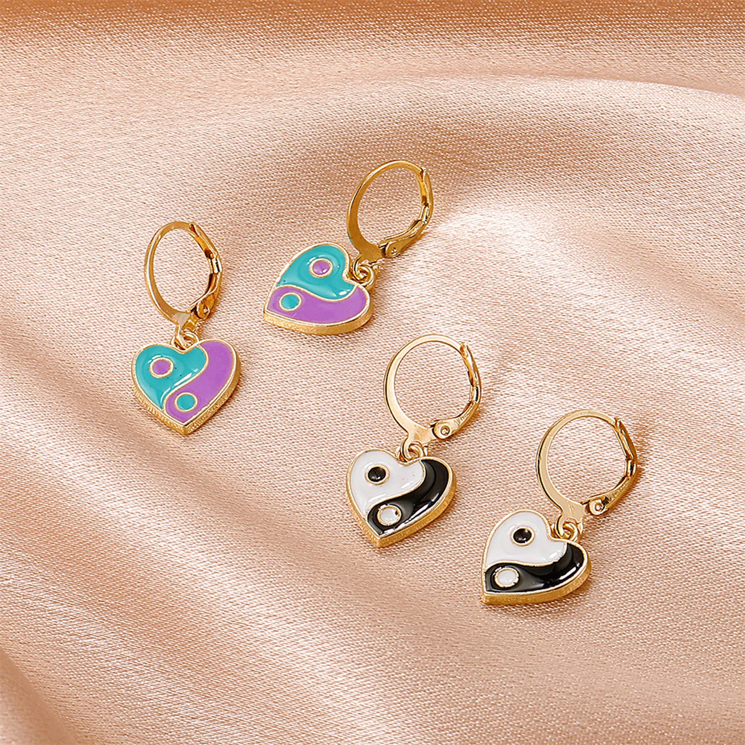 Atmneris Heart Yin Yang Dangle Hoop Earrings Enamel Statement Earring Small Hoop Mini Huggie Earrings for Women,Black White