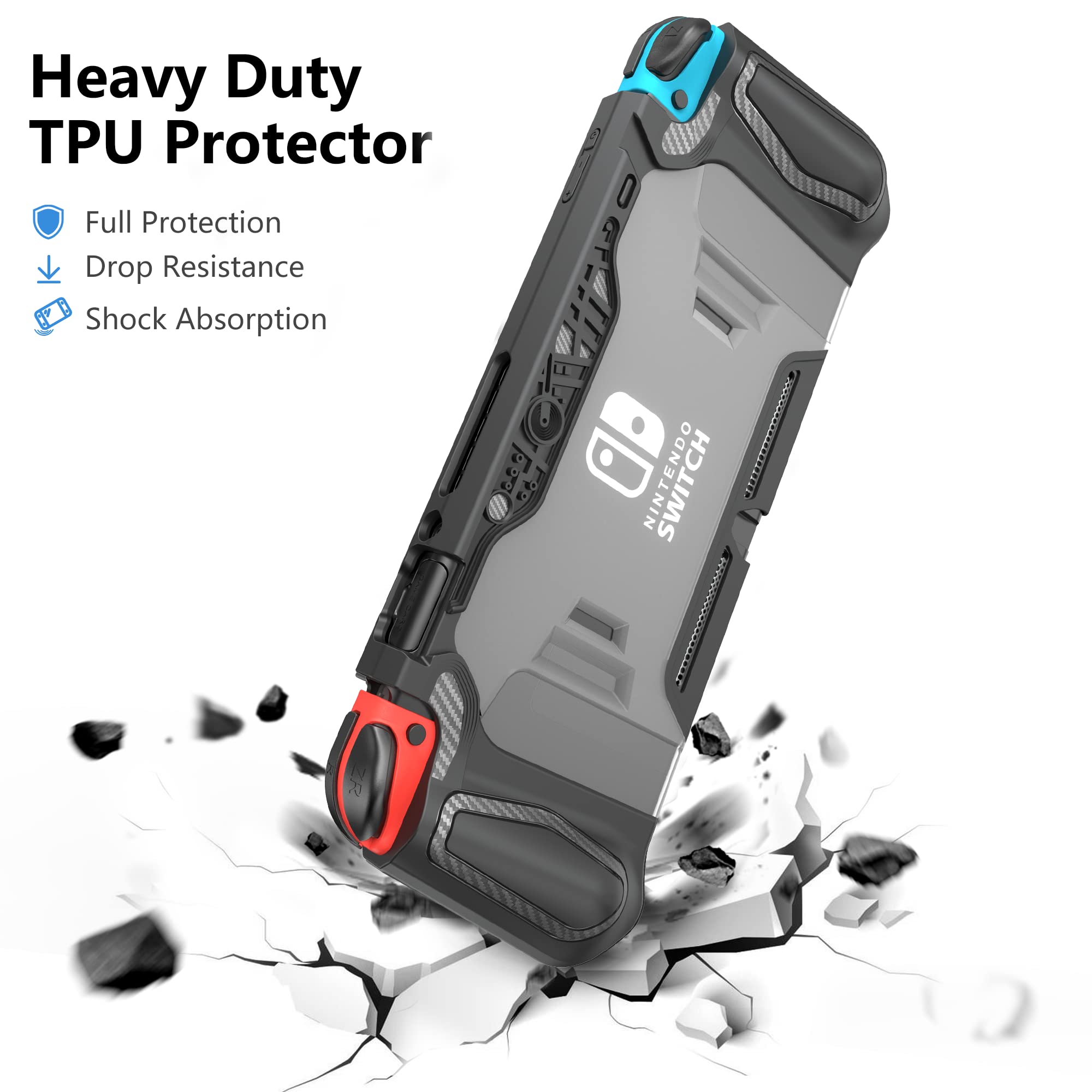 LEYUSMART Protector for Nintendso Switch, Slim Heavy Duty TPU Cover, Comfortable Grip with HD Tempered Glass Screen Protector & 2 Thumb Caps Black