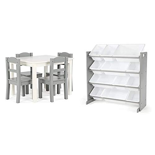 Humble Crew Kids Wood Table 4 Chairs Set, White/Grey & Toy Organizer, Toddler, Grey/White