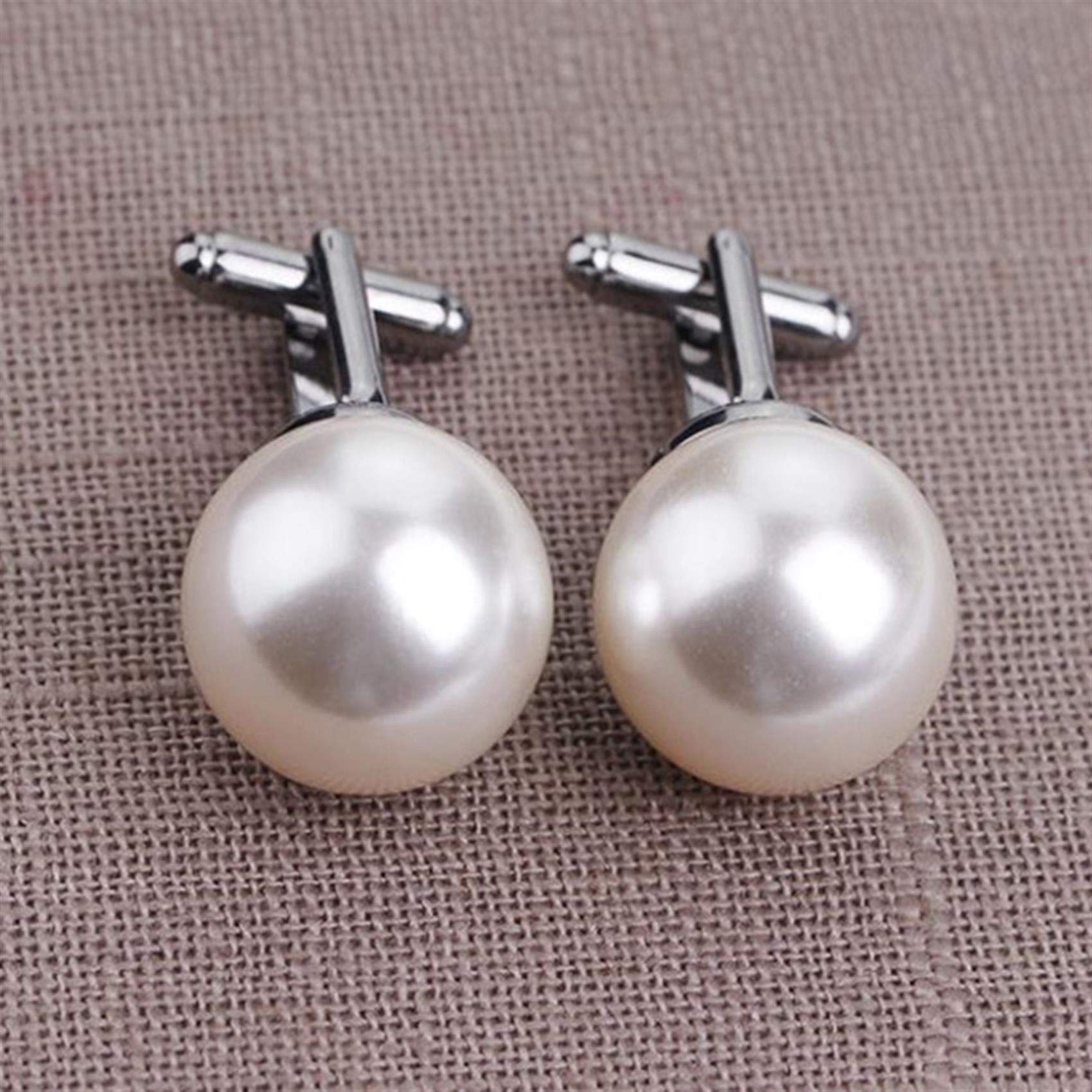 Atmneris Woman Men's Simulated Pearl Cufflinks and Studs for Shirts Business Wedding Formal Suit Cuff Link,Silver