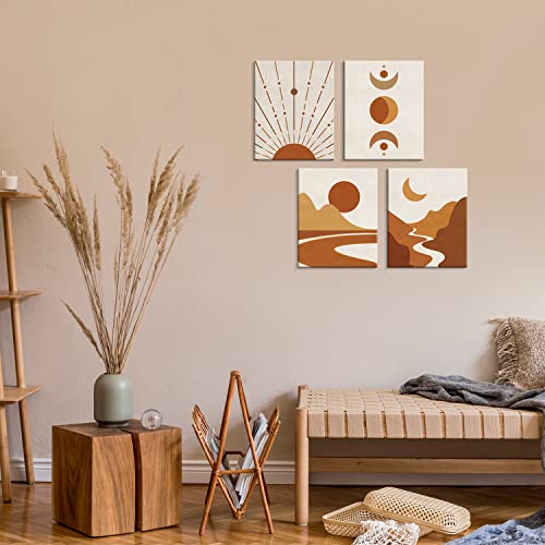 Creoate Boho Wall Art, 4 Pieces Mid Century Wall Art Sun Moon Boho Canvas Print Framed Set Artwork for Living Room Bedroom Wall Decor