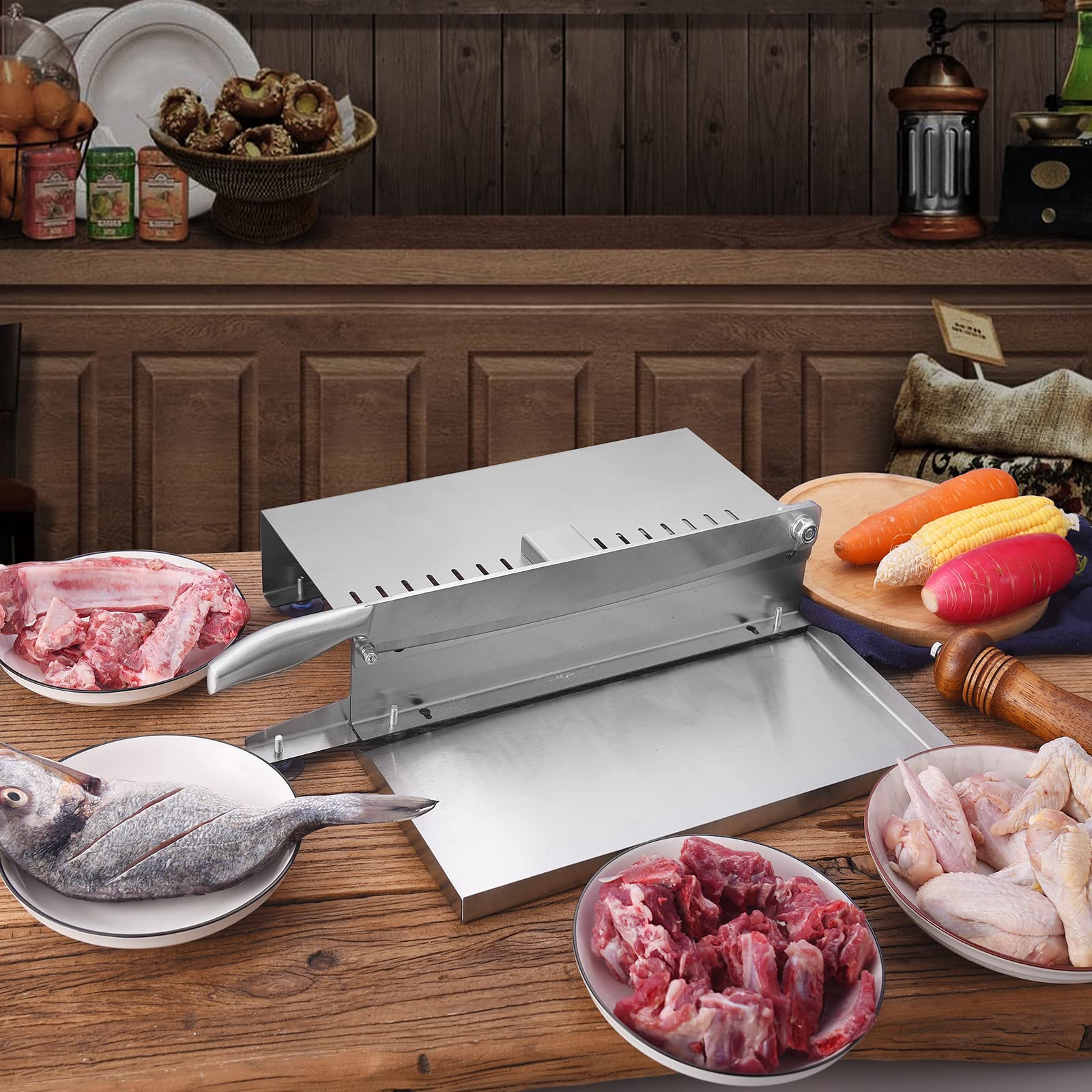 Meat Slicer Bone Cutter 20in,Manual Ribs Chopper for Chicken Fish or Beef,Stainless Steel Frozen Meat Slicer with Food Tray