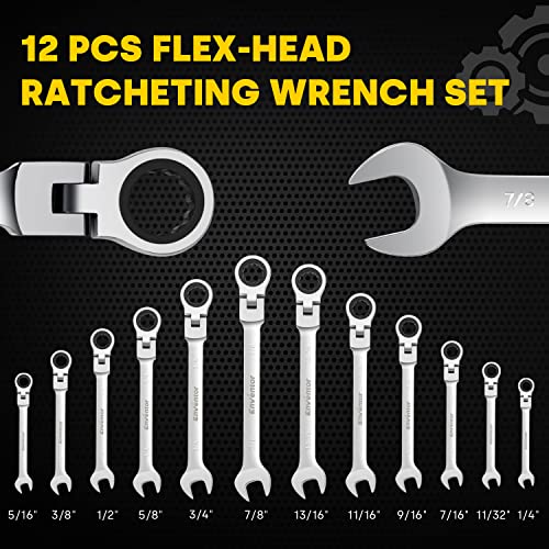 Enventor 180° Flex Head Ratcheting Wrench Set, 12 Pieces SAE 1/4-7/8", CRV Steel, 72-Teeth, 12-Point Combination Ratchet Wrenches Set with Rolling Pouch