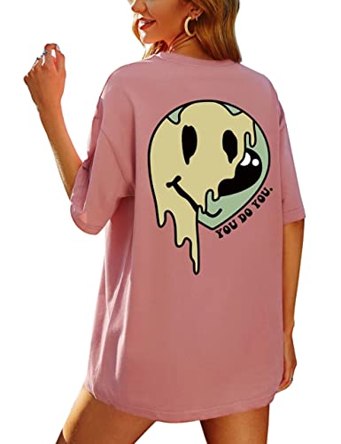 MISSACTIVER Women Oversized Graphic Print Tee Shirt Loose Short Sleeve Round Neck Drop Shoulder Tee Top Pullover Pink