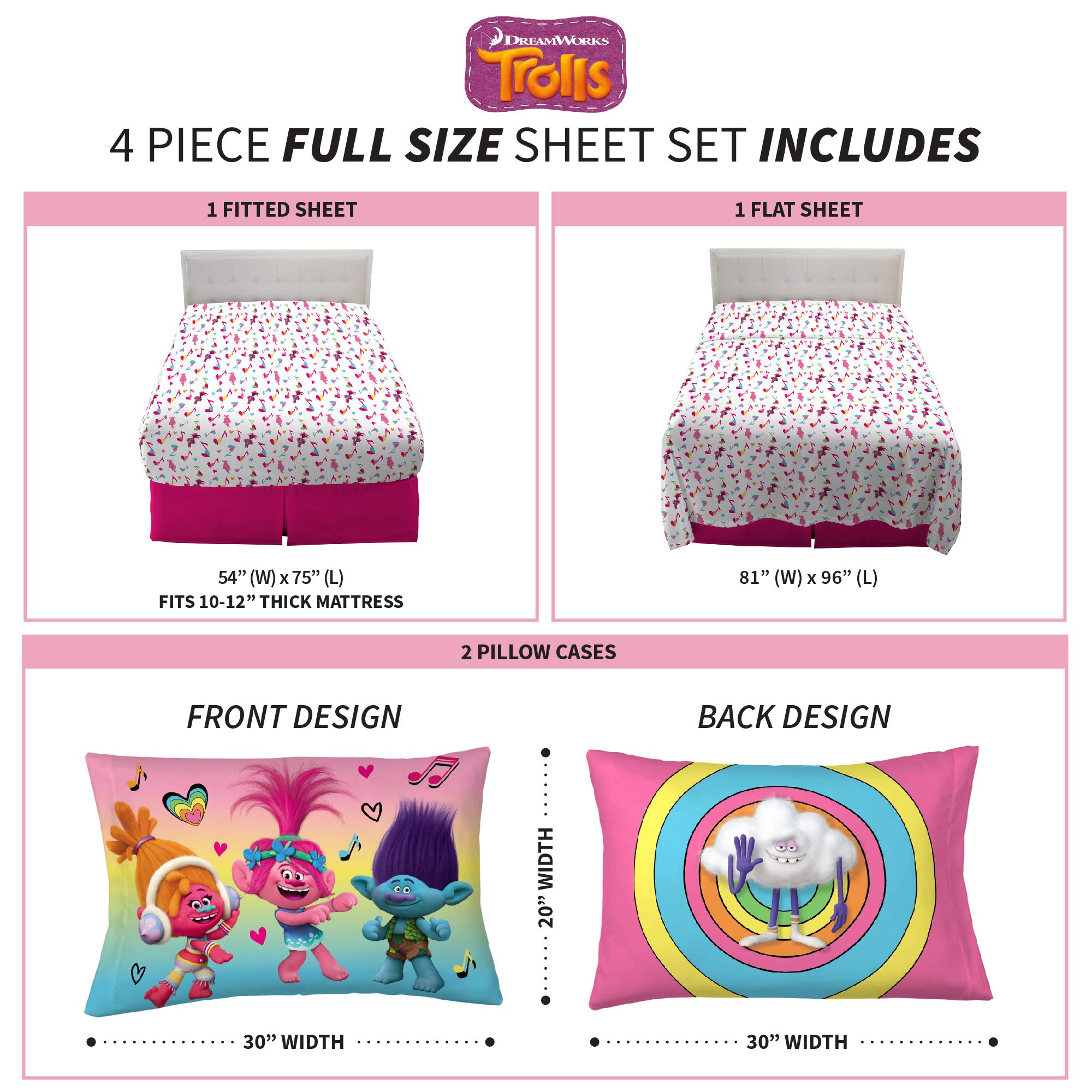 Franco Kids Bedding Super Soft Sheet Set, 4 Piece Full Size, Trolls(Print May Vary)