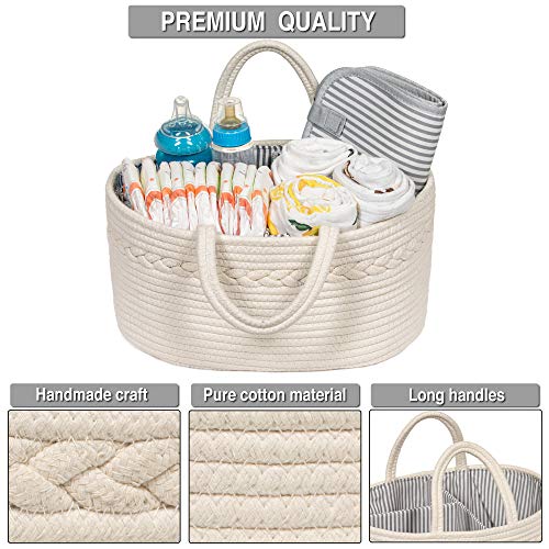 Baby Diaper Caddy Organizer 100% Cotton Canvas Stylish Rope Nursery Storage Bin Large Portable Tote Bag & Car Organizer with Removable Inserts Top Baby Gift Basket and Bonus Diaper Changing Pad