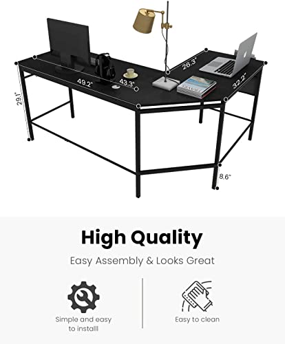 DKLGG L Shaped Computer Desk, 49" Gaming Desk Home Office Corner Desks Large Work Study Desk with Storage Bag & Hooks, L Desk Workstation Space-Saving Table for Home Office, Black