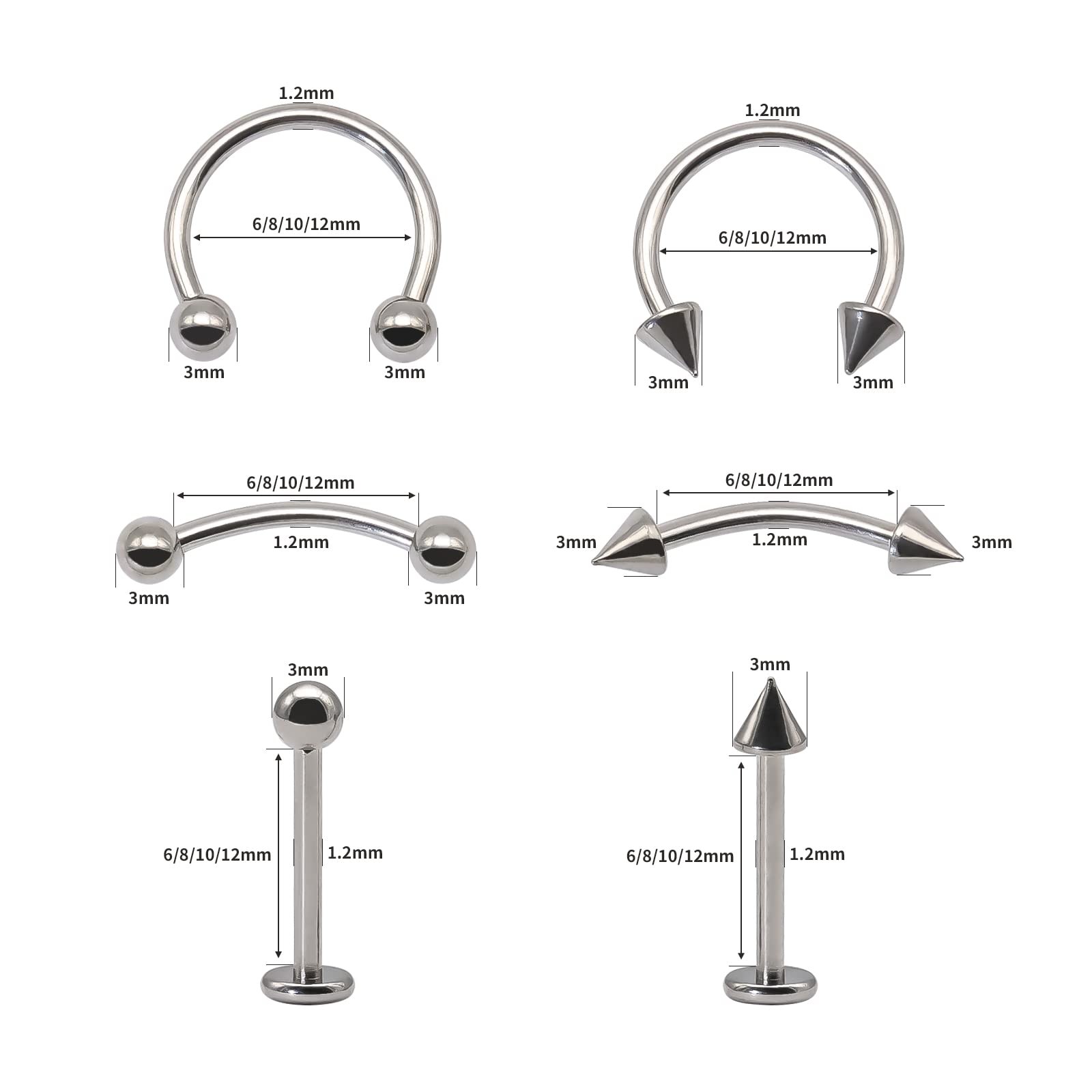 BLISI 8PCS 16G Implant Grade Titanium Silver Curved Barbell Eyebrow Piercing Rings Vertical Labret Lip Jewelry Rook Piercings 6mm/8mm/10mm/12mm Body Piercing Jewelry