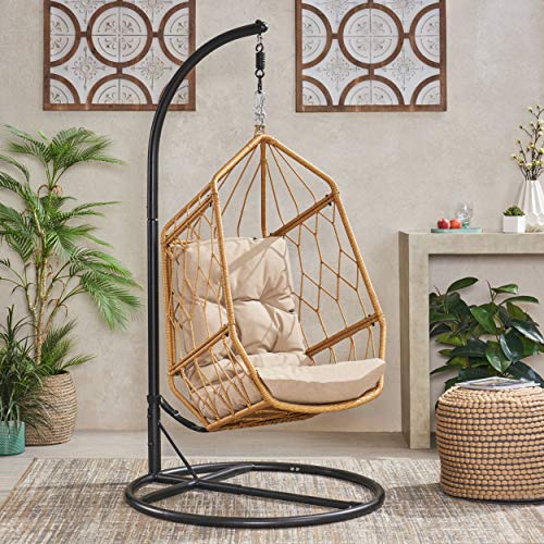 Christopher Knight Home Allegra Outdoor Hanging Chair with Stand, Light Brown + Tan + Black