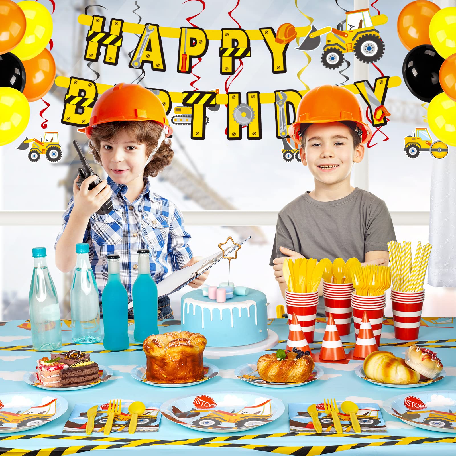 DECORLIFE Construction Birthday Party Supplies Serves 24, Construction Party Plates, 54" x108" Tablecloth, Pre-strung Banner Included, Total 170PCS