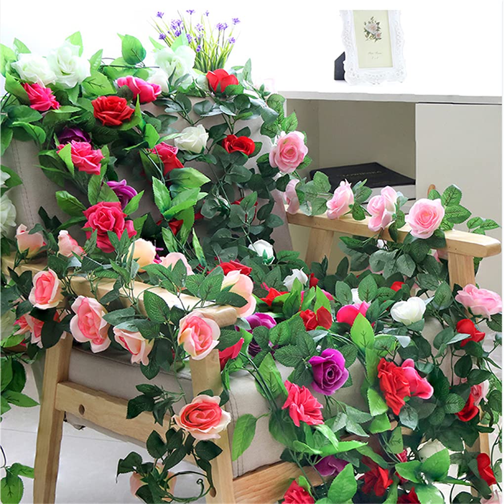 MOASIS 6 Pack 47 FT Artificial Plastic Silk Flowers Hanging Vines Colorful Lifelike Rose Ivy Home Hotel Office Wedding Party Garden Craft Art Decor Red ... (Purple Rose)