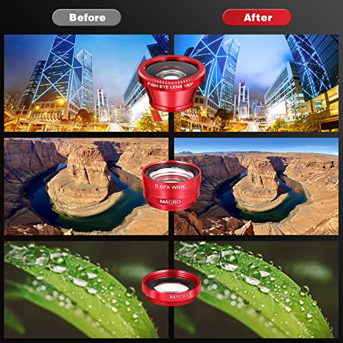 Hemobllo Portable Cell Phone Camera Lens Super Wide Angle Lens Macro Lens Fisheye Lens Clip on 3 in 1 Mobile Phone Lens Compatible for iPhone 6S/7/8/X (Red)