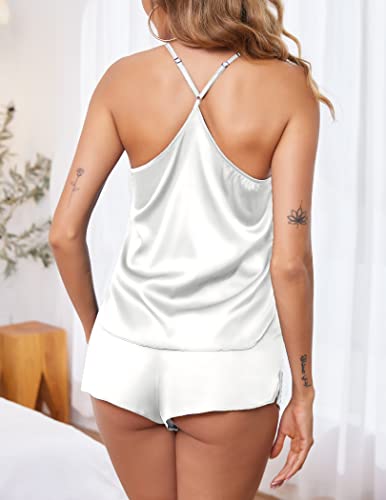 Ekouaer Womens Pajama Sets Lingerie Satin Sleepwear Cami Shorts Set 2 Piece Silk Pjs Nightwear Gift White