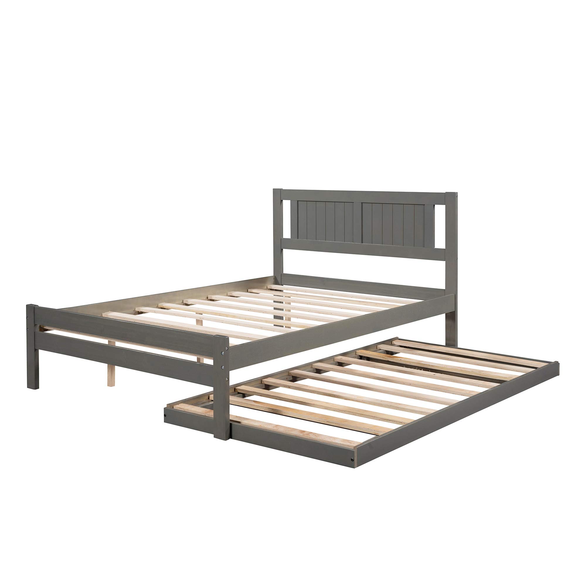 Harper & Bright Designs Full Size Platform Bed with Adjustable Trundle, Wooden Full Bed Frame with Headboard, No Box Spring Needed (Gray)