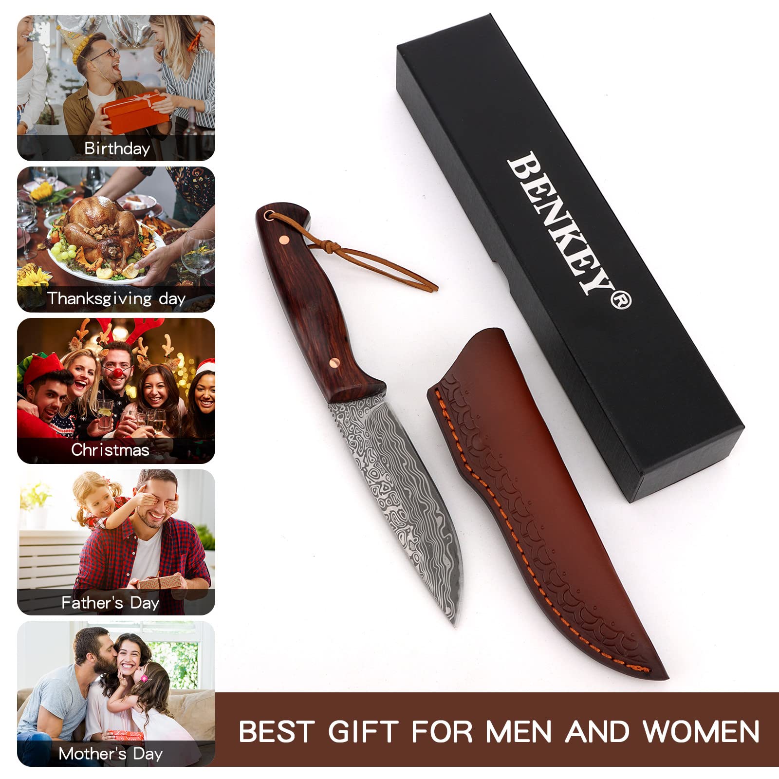 Benkey Fixed Blade Hunting Knife Full Tang with Leather Sheath, Solid & Sharp D2 Blade Outdoor Survival Hunting Knife, Comfortable Natural Wood Handle Camping Knife for Men and Women
