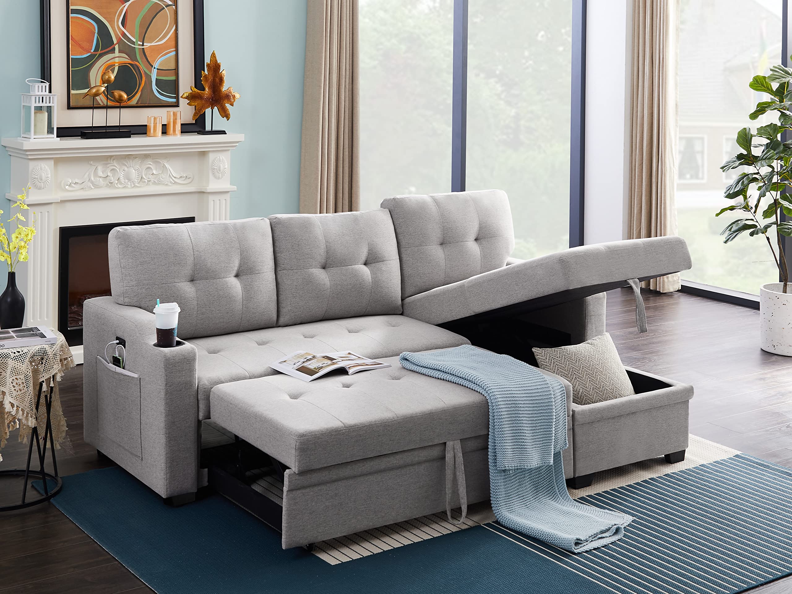 Lilola Home Mabel Light Gray Linen Fabric Sleeper Sectional with cupholder, USB Charging Port and Pocket