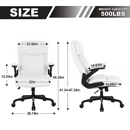 Executive Office Chair, Big and Tall Office Chair 500lbs for Heavy People Ergonomic High Back Leather Executive Office Chair with Flip-up Armrests and Adjustable Height Office Chair (White)
