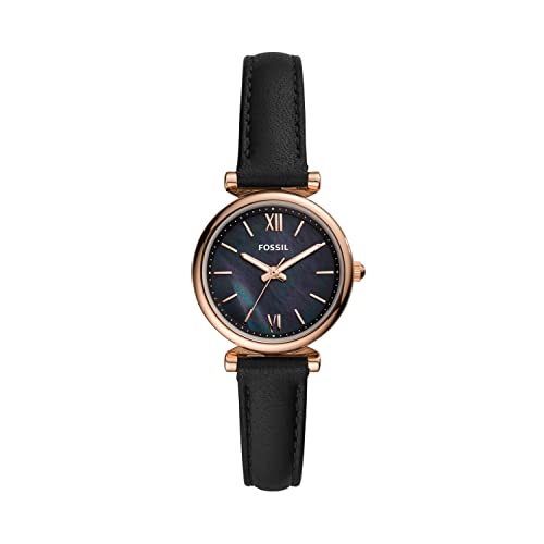 Fossil Women's Carlie Mini Quartz Stainless Steel and Leather Three-Hand Watch, Color: Rose Gold, Black (Model: ES4700)