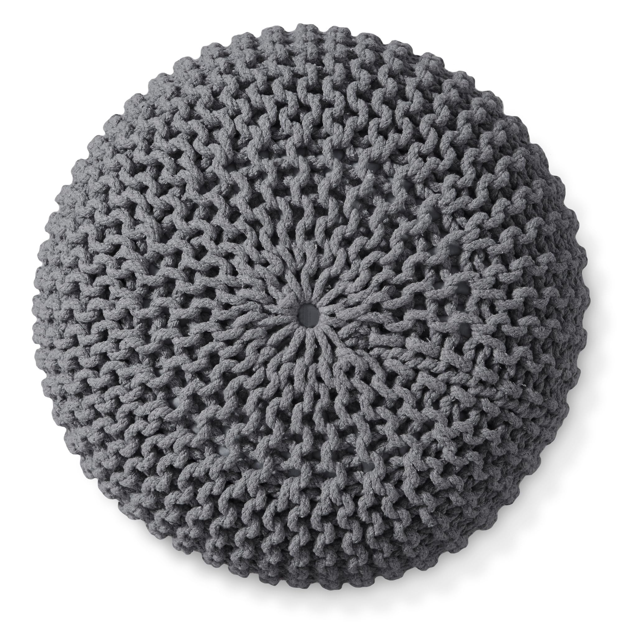 Casafield Round Pouf Ottoman, Black - 20" Diameter x 14.5" High Cotton Knit Foot Stool - Boho Floor Pouffe for Living Room, Bedroom, Home Office