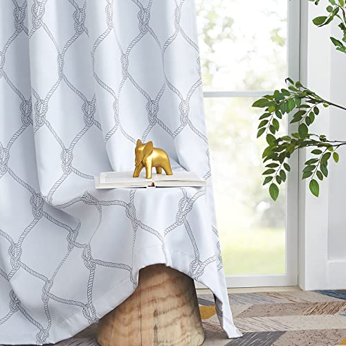 Geomoroccan Full Blackout Curtains 63 inch Length 2 Panels Set,Knot Printed Decorative Suitable for Living Room and Bedroom,Grommet Top Thermal Insulated Drapes (50" x 63",White & Grey)