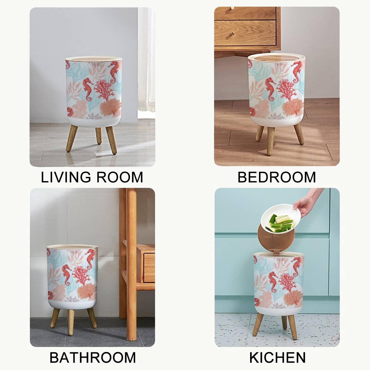Small Trash Can with Lid Beautiful seamless tropical with corals sea horse Abstract geometric Round Recycle Bin Press Top Dog Proof Wastebasket for Kitchen Bathroom Bedroom Office 7L/1.8 Gallon