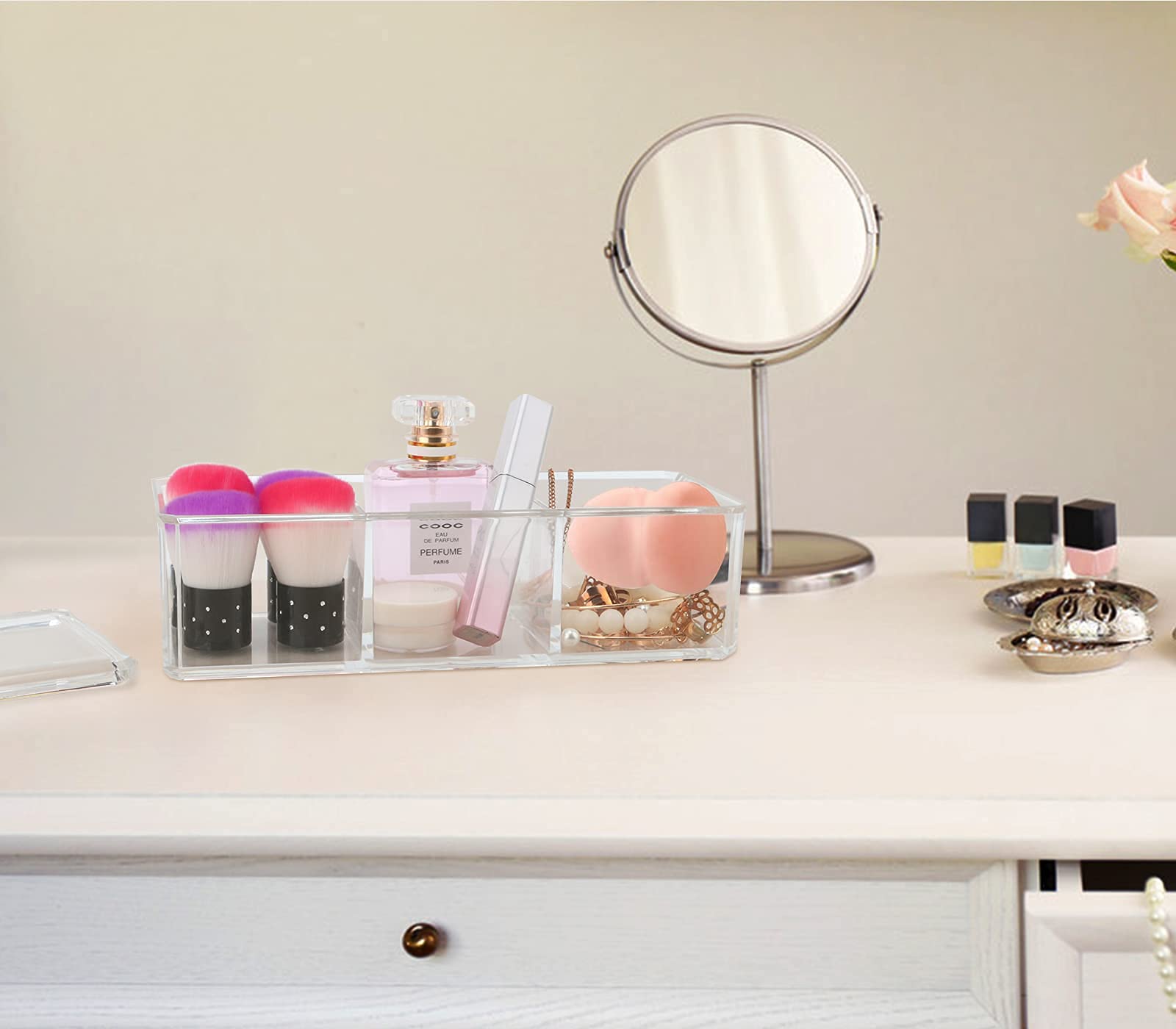 dedoot Plastic Drawer Organizer, Clear Acrylic Vanity Desk Storage and Organizer, 3 Compartment Make Up Holder with Lid Bathroom Display Storage Container for Jewelry, Small Items, 9.17x3.7X3.46 Inch