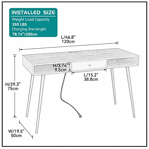 kevinplus Computer Writing Desk 46.8'' with Fast Charge USB Port & Power Outlet, Mid-Century Modern Study PC Desk with Type-C Ports Charging Station, Home Office Desk with Drawer, Walnut & Dark Grey