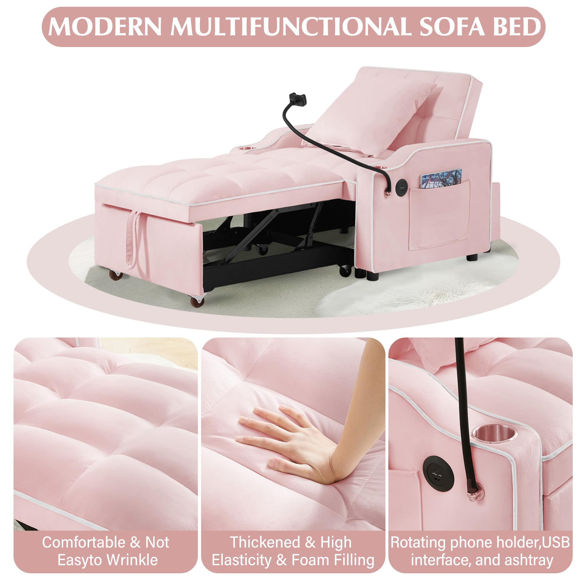 SPOWAY 3 in 1 Sleeper Sofa Couch Bed, Velvet Convertible Single Sleeper Sofa with USB Port and Ashtray and Swivel Phone Stand, Storage Pockets, Pull Out Single Sleeper for Living Room, Pink