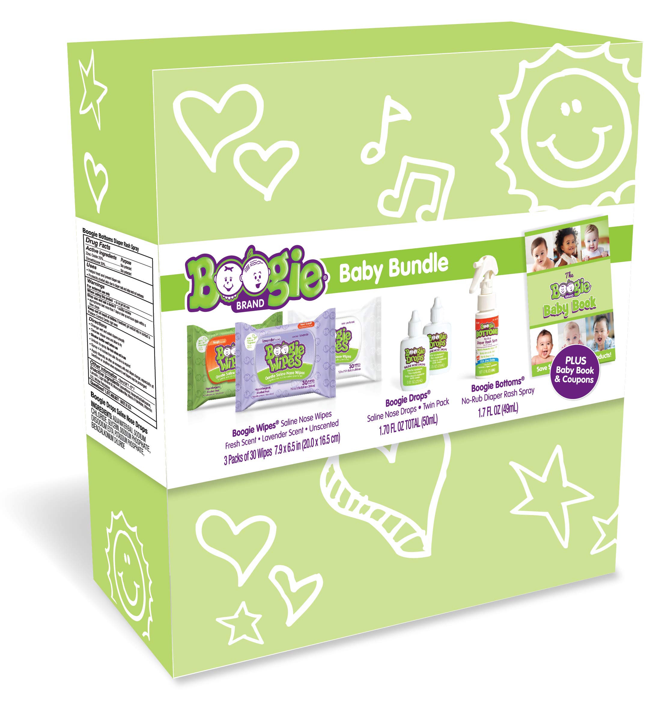Baby Gift Set by Boogie Wipes, FSA/HSA Eligible, Baby Wipes by Boogie Wipes 90 Count, Diaper Rash Cream Spray by Boogie Bottoms 1 Pack, Baby Nasal Saline Drops by Boogie Drops 2 Pack