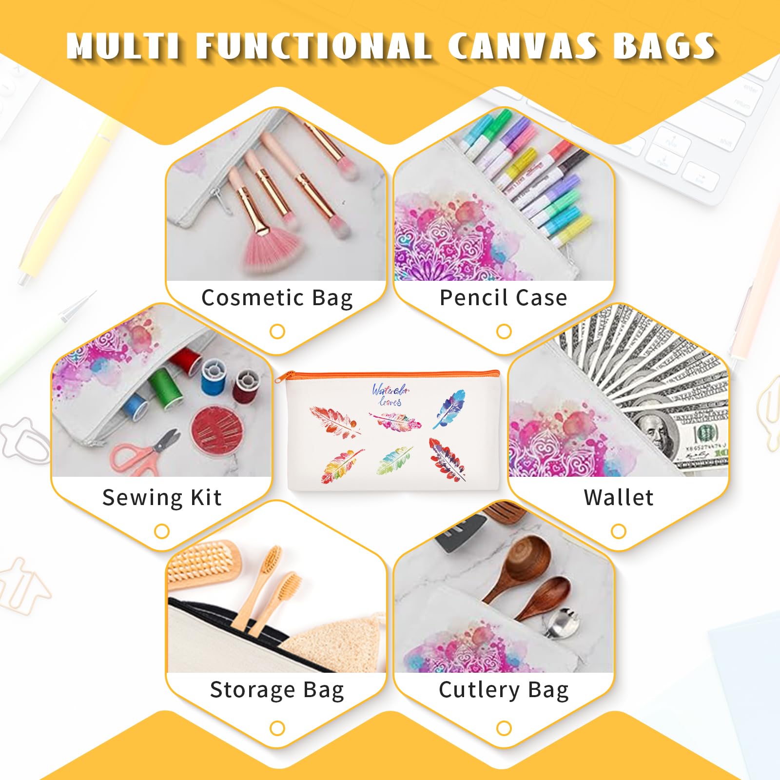 Deekypol Sublimation Makeup Bags Blanks, 24 Pack Sublimation Blanks Cosmetic Pen Case Pencil Bags - Multi Purpose Travel Canvas Zipper Bags DIY Heat Transfer (8.3×4.7 Inch)
