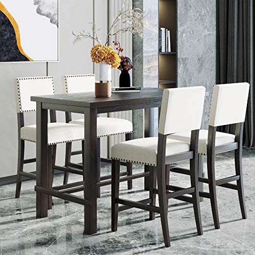 Modern 5 Piece Counter Height Dinig Table Set for 4, Upholstered Dining Table Set Include Rectangle Table and 4 Padded Chairs
