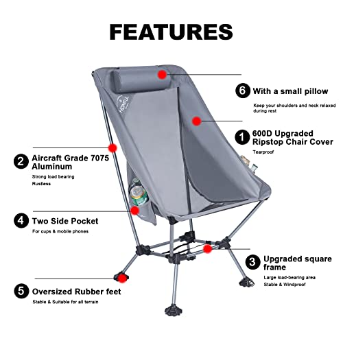 HITORHIKE Camping Chair with Nylon Mesh and Comfortable Headrest Ultralight High Back Folding Portable Compact for Camping, Hiking, Backpacking, Picnic, Festival, Family Road Trip (Grey)
