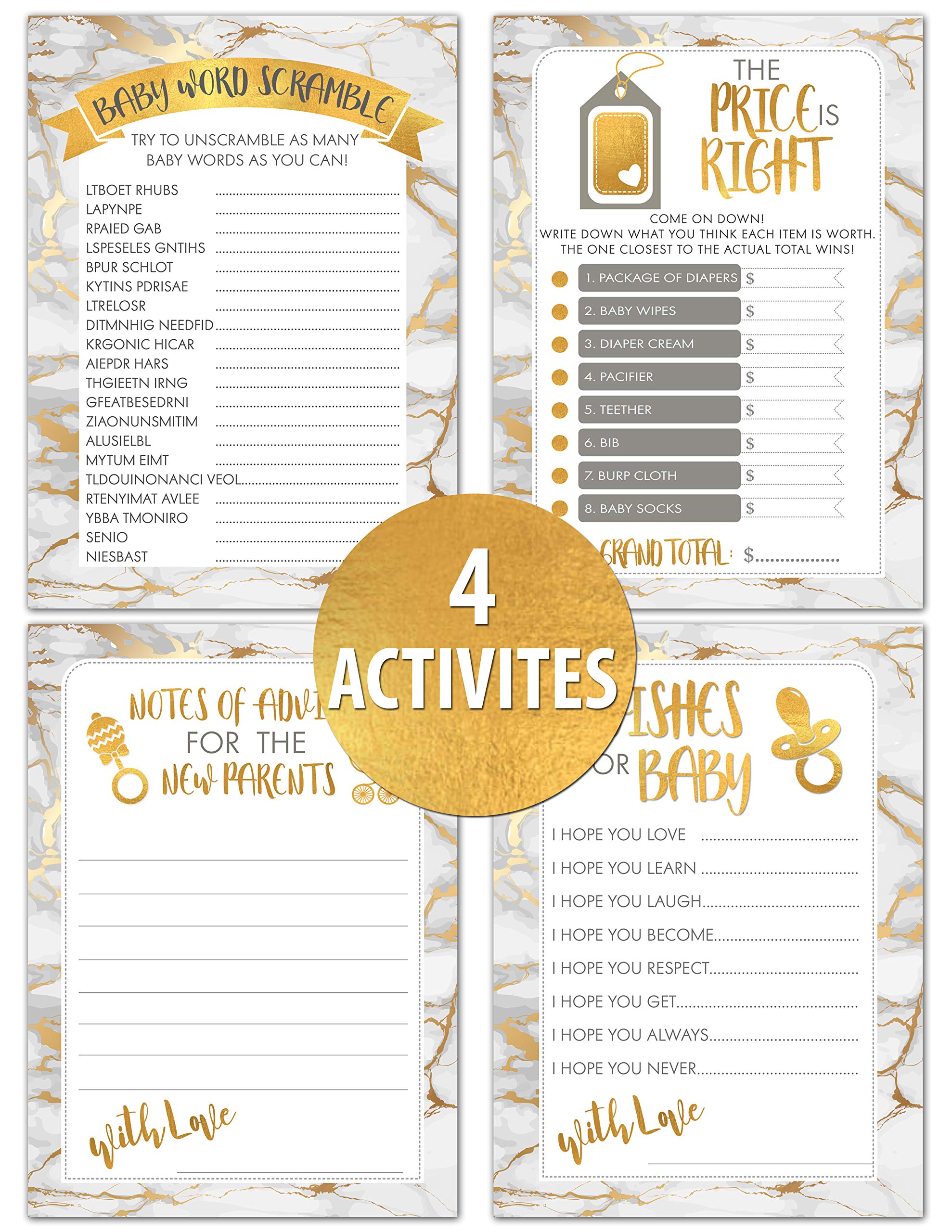 Baby Shower Game Bundle | 40 Cards - Four Baby Shower Activities | Baby Shower Price Is Right | Baby Shower Word Unscramble | Notes of Advice | Wishes for Baby | Baby Shower Activities