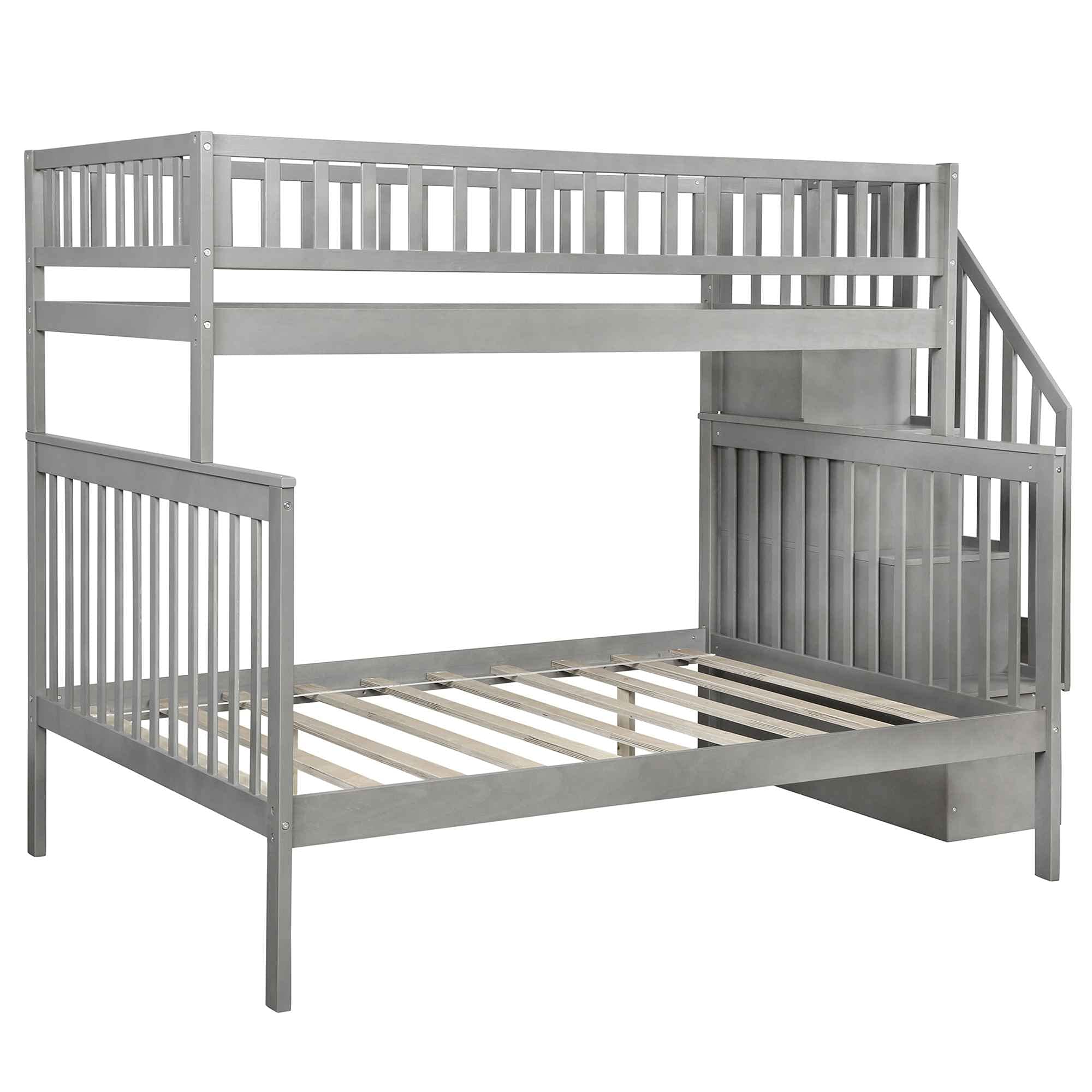 ATY Upgraded Full Bunk Bed with Trundle, Solid Wood Twin Over Size with Storage and Guard Rail, for Kids and Teenagers, Grey