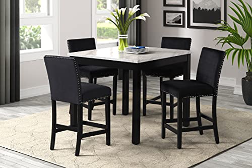 ERDAYE 5 Pcs 5-Piece Counter Height Set with One Faux Marble Table and Four Velvet Upholstered-Seat Chairs for Home Kitchen Dining Room Furniture Breakfast, Lunch and Dinner, Black