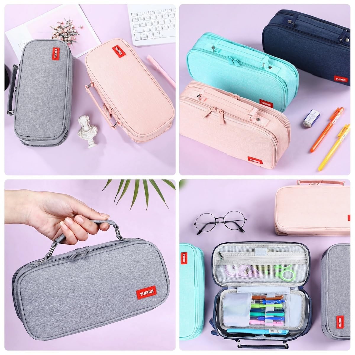 LEENYE Large Capacity Pencil Case Pen Pouch Organizer Canvas Pencil Bag Portable Stationery Bag with Handle, Multi-Compartments School Supplies (Dark Blue)