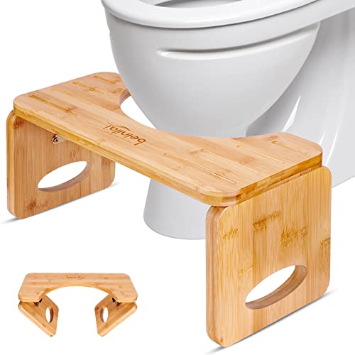Beinilai Toilet Stool, Foldable Toilet Stool Squat Adult for Bathroom, Bamboo Poop Stool for Adult, 8 Inches Squatting Bathroom Potty Stool with 2 Packs Anti-Slip Strip(Natural Color)