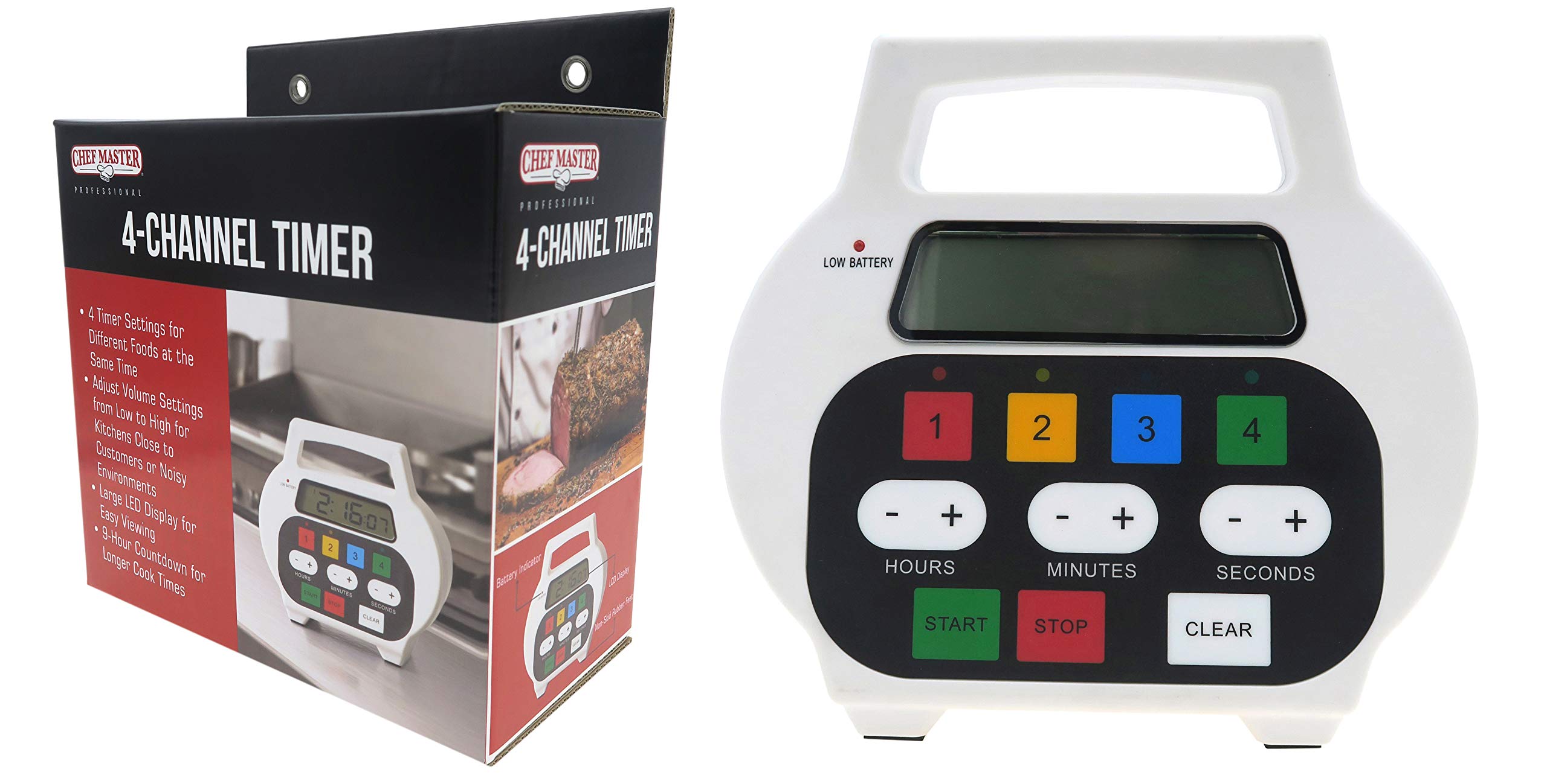 Chef Master 90218 Kitchen Timer, Timers for Cooking, Digital Timer, Cooking Timer, 4-Channel Timer, Egg Timer, Study Timer, Desk Timer with Large Display with Up to 10 Hour Count Down