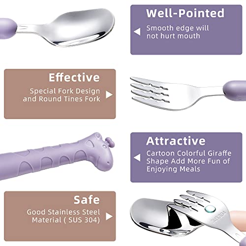 FUNNUO 2 Cartoon Toddler Utensil Sets, Kid Spoon and Fork Set, Stainless Steel Toddler Safe Silverware Set for Children Self-Feeding with Travel Carrying Case BPA Free