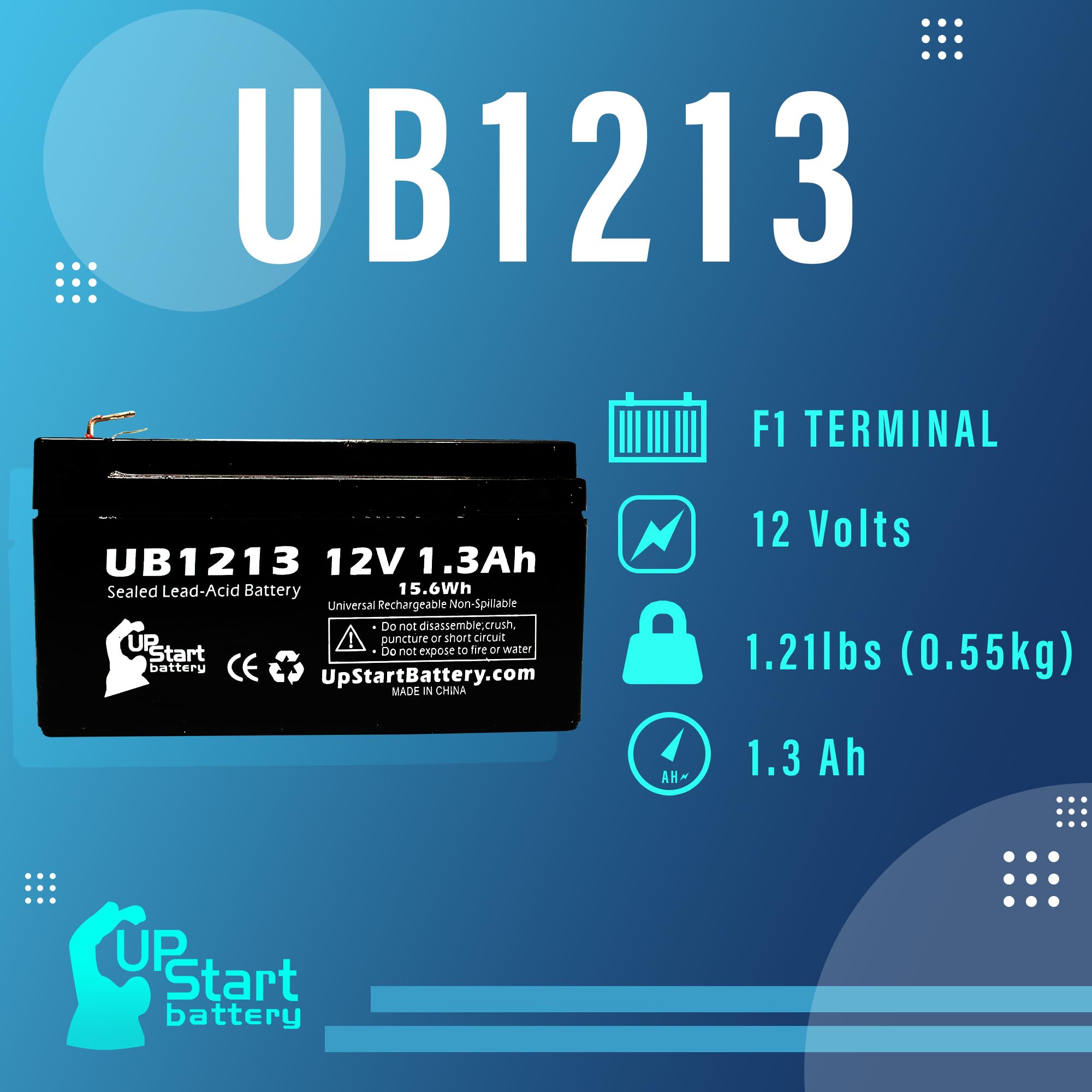 Replacement for Werker WKA12-1.3F Battery - Replacement UB1213 Universal Sealed Lead Acid Battery (12V, 1.3Ah, 1300mAh, F1 Terminal, AGM, SLA) - Includes Two F1 to F2 Terminal Adapters