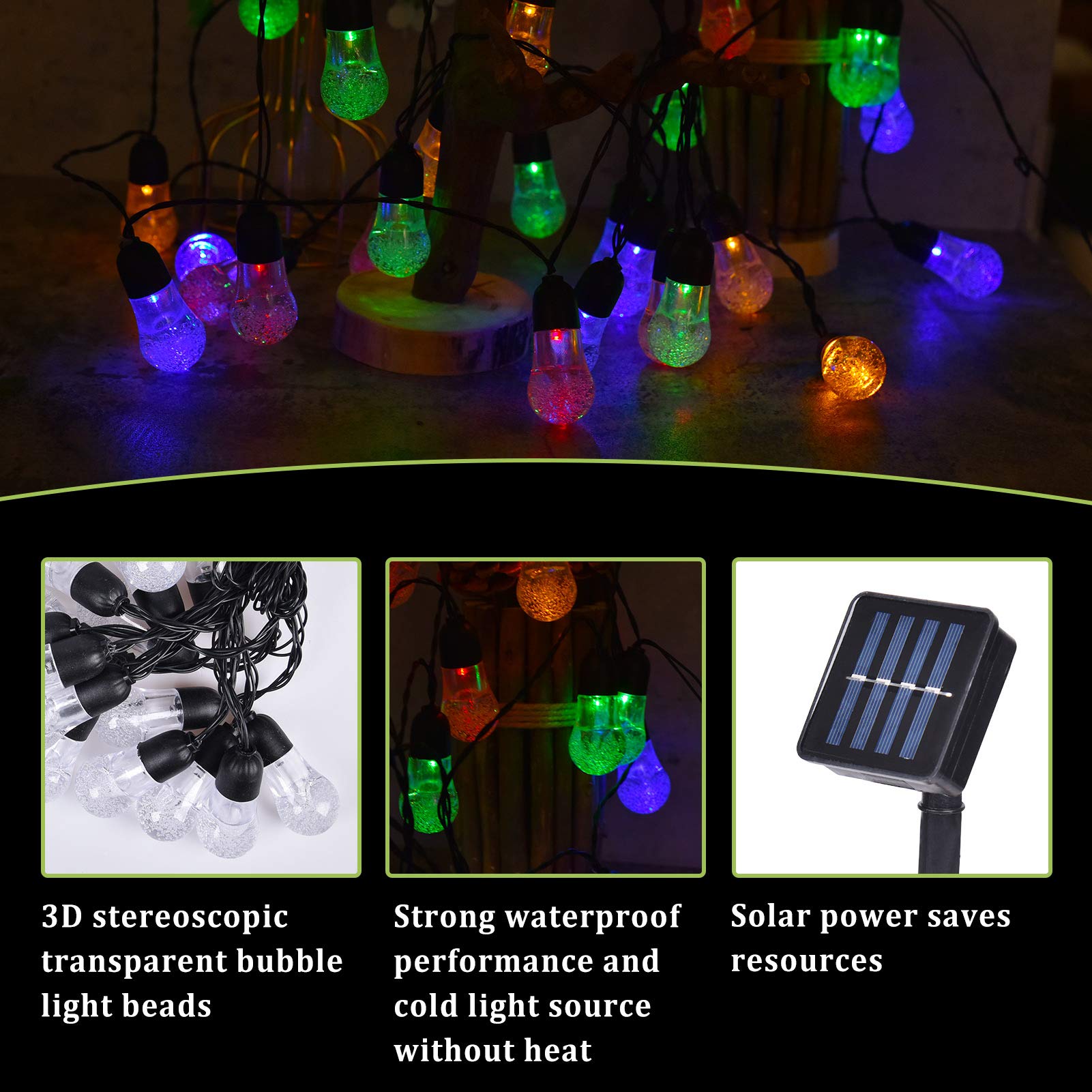 SLASHOME Solar String Lights Outdoor, 28.8Ft 30LED Waterproof Globe Fairy Lights, Solar Powered Lights with 8 Modes Light for Garden Porch Party Decor
